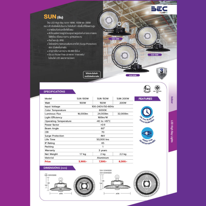 โคมไฟไฮเบย์ LED รุ่น SUN(ซัน) 100W/6500K BEC - อาร์ทีซี อิเลคทริเคิลโปร ...